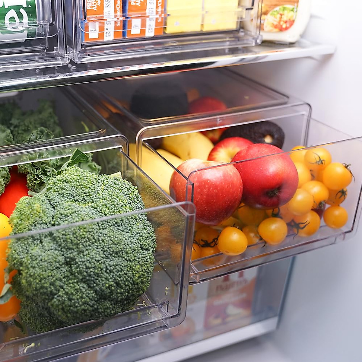 GREENTEC Fridge Organizer, Stackable Storage Container, Refrigerator Drawer, Pull Out Organization Bin for Kitchen, Closet, Sliding Freezer Organizer, Large, BPA Free