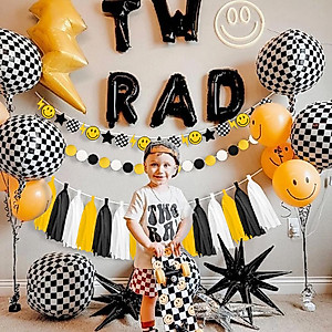 One Happy Dude Banner Garland Pre-Strung - Pack of 3, Lightning Smiley Face Banner, Yellow Black Paper Tassels & Felt Ball Bunting, Great for Baby Shower 1st Birthday Party Decoration Supplies