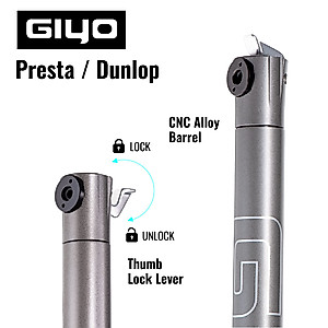 GIYO Small Bike Pump Presta Valve for Road Bikes 120 psi Telescopic Barrel - All Metal CNC Bike Pump Portable | Secure Valve Lock Easy Pumping GM04 Taiwan Made