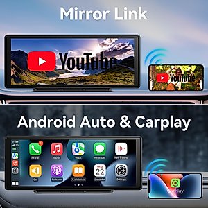 10.3 Inch Portable Carplay Screen for Car with Wireless Carplay and Android Auto,IPS Touch Screen Portable Car Stereo with Bluetooth, Mirror Link, GPS Navigation