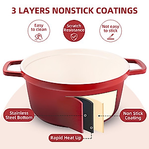 Lightweight 2.5 Qt Dutch Oven Pot with Lid, Nonstick Dutch Oven, Enameled Dutch Oven for Bread Baking, Cast Aluminum Pot Compatile with All Cooktops, Dishwasher Safe Cookware, Red