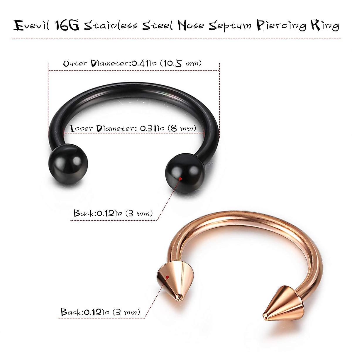 Evevil 14G 16G Septum Jewelry Surgical Steel Small Septum Ring for Women Men Nose Nostril Rings Lip Labret Cartilage Body Piercing (16G,10pcs,8mm,ball&spike)