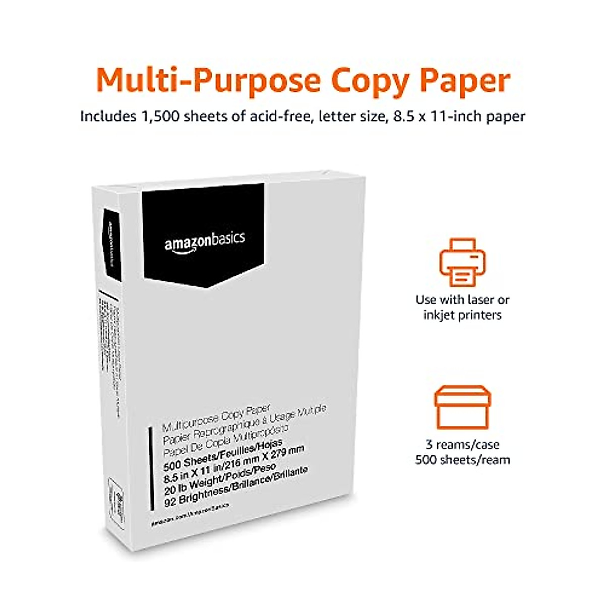 Amazon Basics Multipurpose Copy Printer Paper, 8.5 x 11 Inch 20Lb Paper - 3 Ream Case (1,500 Sheets), 92 GE Bright White