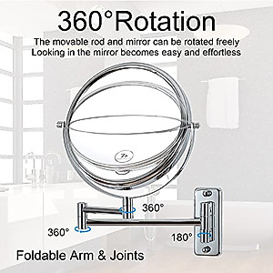 Lansi Wall Mounted Makeup Mirror, 7x/1x Double-Sided Magnifying Mirror, 360° Extendable Arm Wall Mirror, 8 inch Bathroom Mirror for Makeup or Shaving Chrome Finish