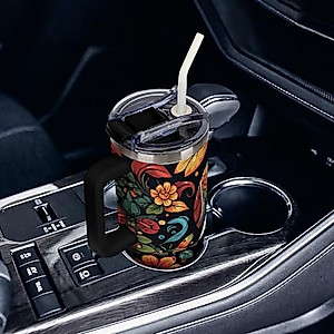 HJUQNGF 40 Oz Personalized Tumbler with Handle And Straw Colorful Sugar Skull Stainless Steel Insulated Tumblers Reusable Car Thermal Cup Travel Coffee Mug for Women Men