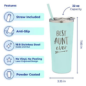 Best Aunt Ever Stainless Steel Personalized Tumbler - Insulated Cup with Cute Design - Slide Close Lid with Straw - for Pregnancy Announcements - Valentine's Day - Best Aunt Ever Gifts