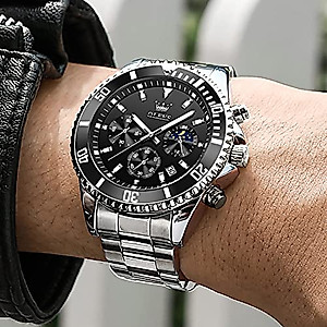 OLEVS Black Silver Watches for Men Classic with Date Business Dress Chronograph Big Face Reloj para Hombre Waterproof Luminous Mens Wrist Watch Analog Party Fashion Stainless Steel Man Watch