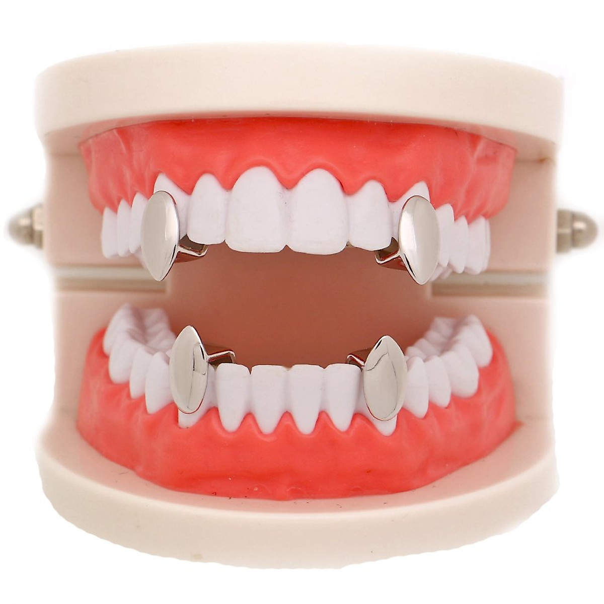 LuReen Silver 4 PC Vampire Dracula Single Metal Fangs Hip Hop Teeth Grillz Set for Halloween Costume Cosplay