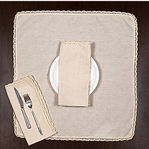 Ramanta Home Cloth Dinner Napkins in Cotton Flax Fabric with Lace & Tailored Mitered Corner Finish Size 20x20 inch Set of 12