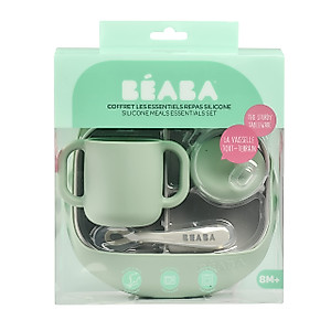 BEABA The Essentials Silicone Meal Set of 4, 100% Silicone Baby Plate Set - Dishwasher Safe, Soft, Unbreakable - Includes Siicone Plate, Sippy Cup, Bib and Spoon, Grey/Sage