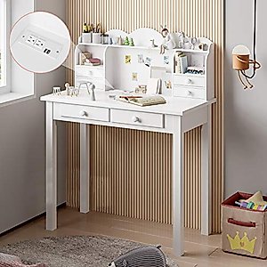 ADORNEVE Small White Writing Desk with Hutch and USB Ports, 31.5 inch Home Office Desk with Drawers, Study Table for Kids/Student, Makeup Dressing Table Save Space Gifts
