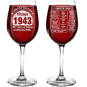 QUPT 80th Birthday Gifts for Men Women Friends, Vintage 1943 Printed 16oz Stemmed Wine Glass - Double-sided Printing Birthday Wine Glass - Back in 1943 Old Time Information