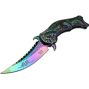 Dark Side Ballistics - Spring Assisted Folding Knife - Rainbow TiNite Coated Stainless Steel Blade and Handle, Dragon Theme, Pocket Clip, EDC, Fantasy, Collectible, DS-A019RB