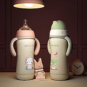 POTATO Baby Thermos Cup Water Bottle for Kids Stainless Steel Sippy Cup with 3 Kinds of Lids,Keeps Cold for 8 Hours 8 oz, Pink