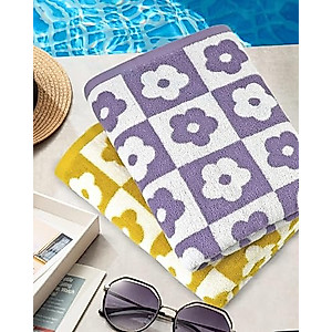 Jacquotha Bath Towels Checkered Floral 55” x 28” - Decorative Bathroom Towels for Indoor Outdoor Gift, 440 GSM Soft Quick Dry Towel for Bathroom Gym Spa Swim (Yellow & Lilac)