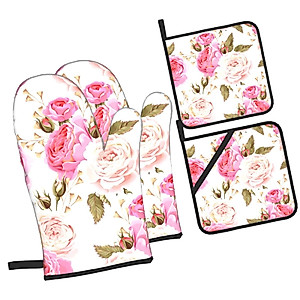 YILEQUAN Floral Flower Rose Pink Print Oven Mitts and Pot Holders Sets,Kitchen Oven Glove High Heat Resistant 500 Degree Oven Mitts and Potholder,Surface Safe for Baking, Cooking, BBQ,Pack of 4