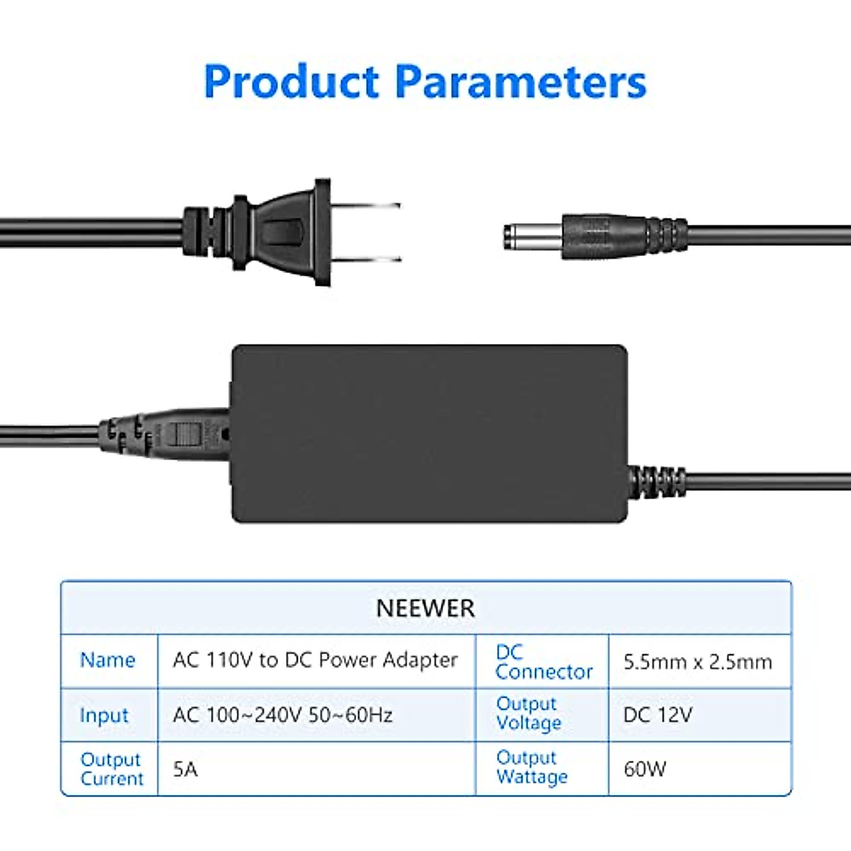 Neewer AC 100-240V to DC 12V 5A 60W Power Supply Adapter with 6.5 feet/2 Meters Power Cable Compatible with 660 960 LED Video Light and Max. 12V 5A 60W Ring Light, UL Listed (US Plug)