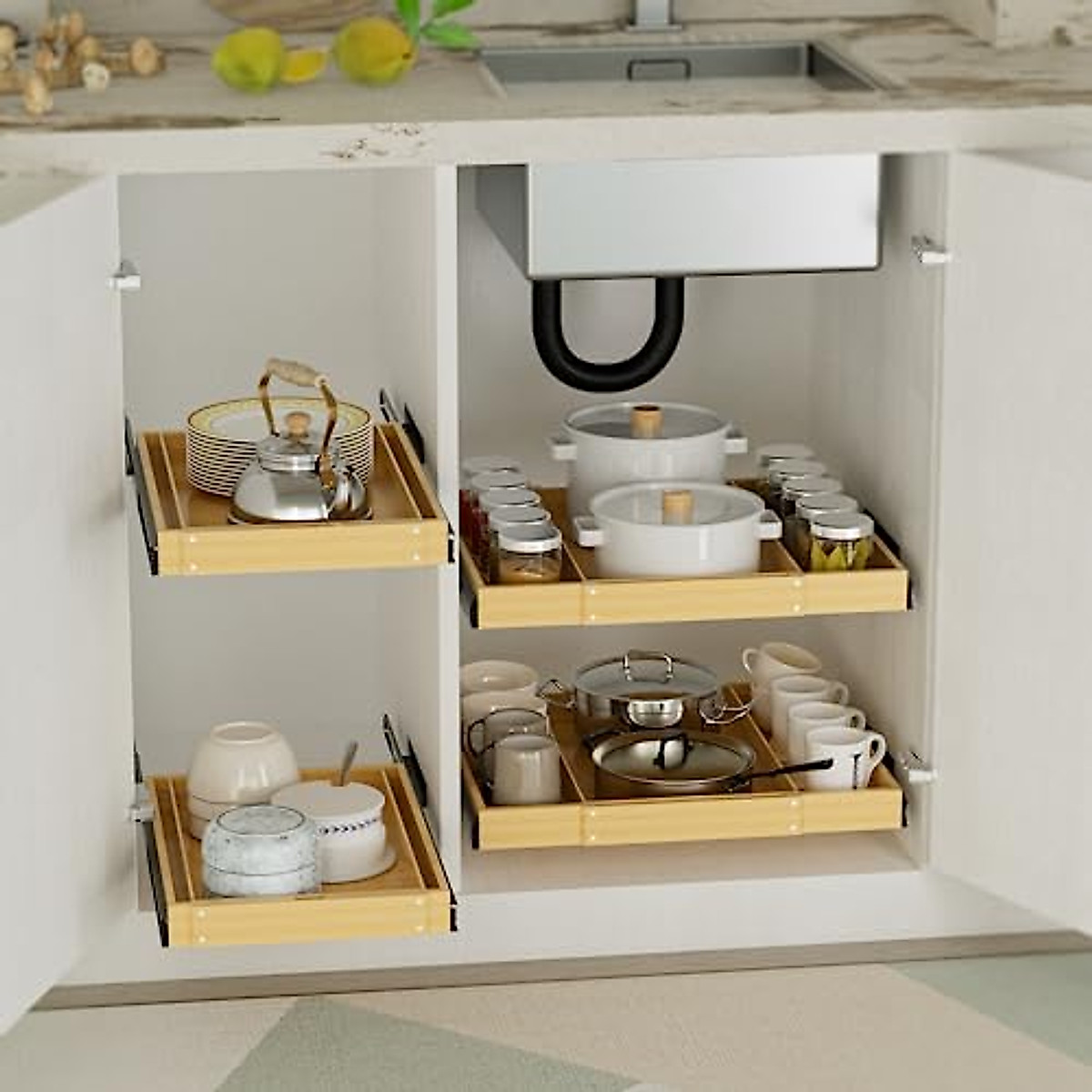 WEJIPP Pull Out Cabinet Drawer Organizer Expendable Sliding Bamboo Wood Storage Rack Organization Gliding Cupboard Shelf for Kitchen Pantry, Slide Out Spice Rack Container Organizer