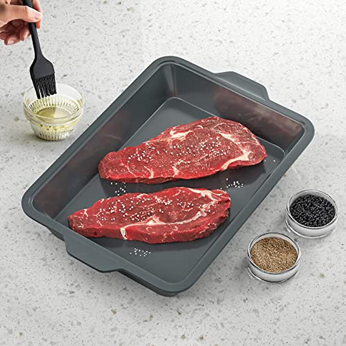 Food Prep BBQ Tray, 4-piece Grill Prep Trays Include a Silicone Marinade Container for Marinating Meat & a Stainless Steel Serving Platter for all your Grilled Barbecue, Heavy Duty & Easy Clean, Grilling Gifts for Men