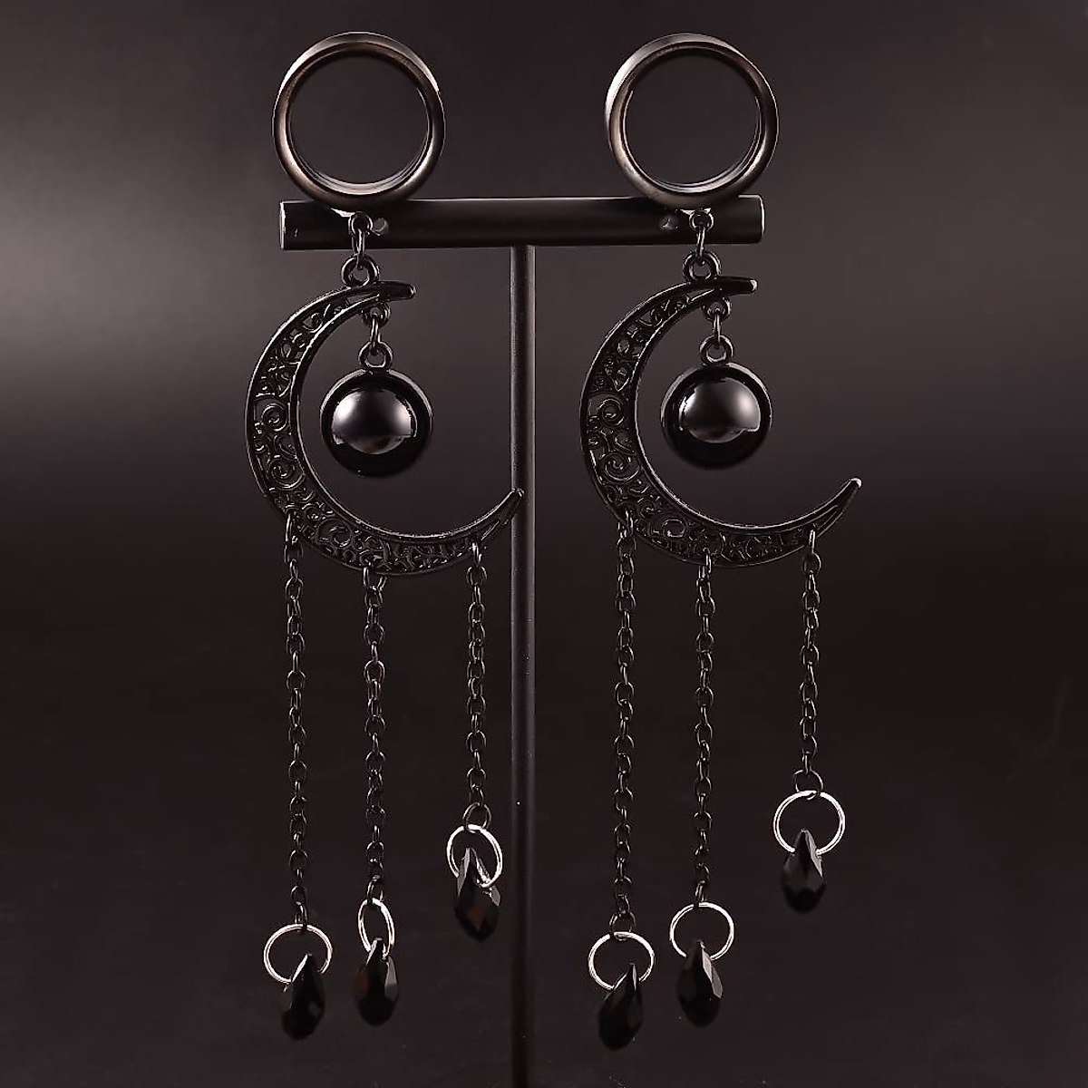 Maxbott 2PCS Fashion Black Chain Moon Earrings Plugs Tunnels Stainless Steel Pendant Ear Gauges Body Piercing Jewelry (14mm(9/16"), Black)