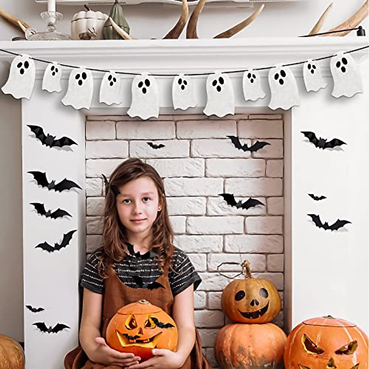 IWPTY Halloween Ghost Banner, Ghost Garland White Glittery Halloween Decorations for Party Indoor Outdoor Haunted Houses, Home House Doorways Mantel Wall Decor Supplies - 2 Packs with 2 String Lights