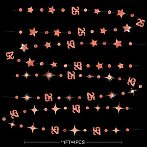 Rose Gold 25th Birthday Decorations Number 25 Circle Dot Twinkle Star Garland Metallic Hanging Streamer Bunting Banner Backdrop for Girls Twenty Five Year Old Birthday 25th Anniversary Party Supplies
