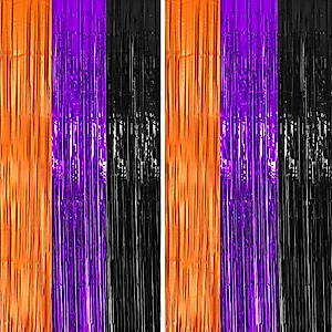 2 Packs 3.3ft x 8.2ft Halloween Orange Purple Black Tinsel Foil Fringe Curtains, Metallic Foil Curtains for Home Outdoor Halloween Party Photo Booth Props Wall Windows Decorations