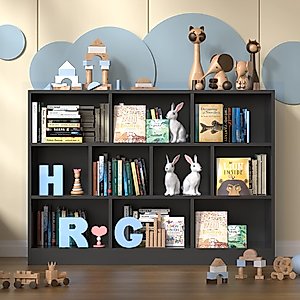 Cozy Castle Black Bookshelf, 3-Tier Open Shelf Bookcase, 10 Cube Storage Organizer with Anti-Tilt Device, Freestanding Horizontal Bookshelf Cube Shelf for Bedroom, Living Room, Office
