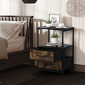 DOMYDEVM Black Nightstand with Charging Station Bedroom Night Stand Bedside Table with USB Ports and Outlets Small Side End Table with 2 Fabric Storage Drawers for Living Room Dorm