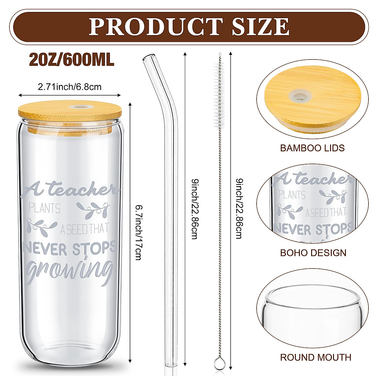 Umigy Teacher Appreciation Gifts Teacher Glass Cups 16oz Can Shaped Beer Glass with Lids Straws Brushes Teacher Thank You Gifts Funny for Christmas Birthday New Teachers(12 Sets, Stylish)