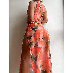 Verdusa Women's Swimsuit Mesh Cover Up High Split Drawstring Bikini Long Dress Multicolored S