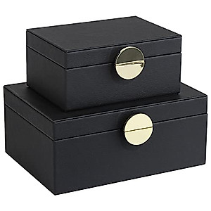 HofferRuffer Faux Leather Jewelry Boxes, Decorative Boxes Storage Accessory Organizer with Gold Hardware Decor, Classic Vegan Leather Set of 2 Pieces (Black)