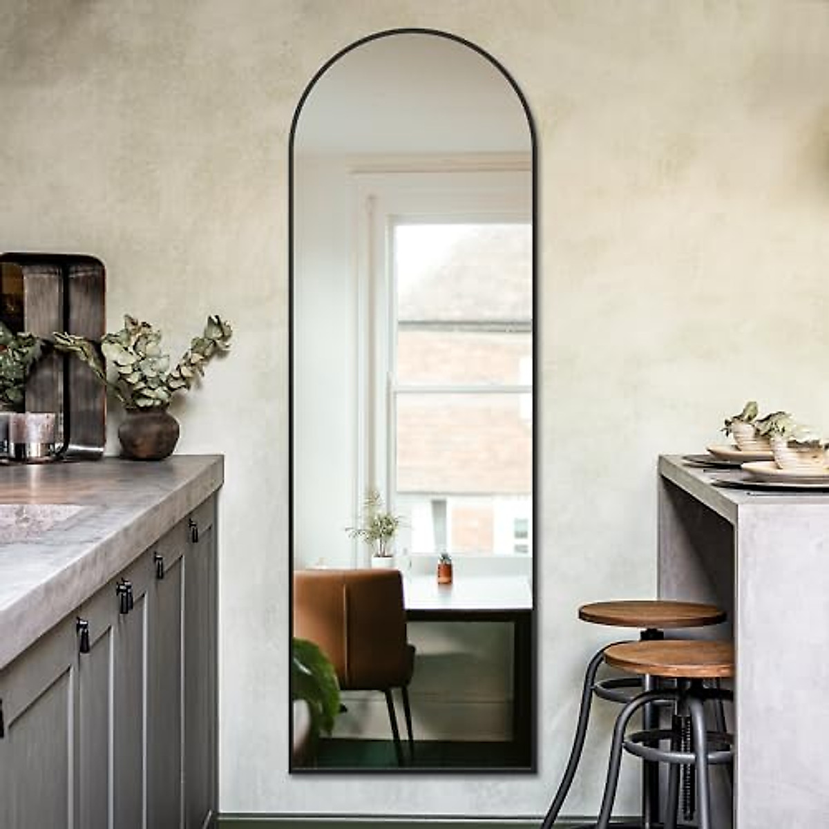 Delma Standing Mirror Full Length,Mirror Full Body,Large Floor Mirror with Arched Frame for Wall Entryway Door Bedroom Bathroom Living Room (with Stand,60x20-Black)