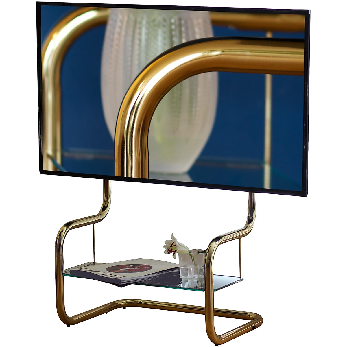 zeitgeist TV Stand Modern Minimalist w/Shelf Floor Stand Metal up to 65 inch for Corner, Living, Studio. Height Adjustable Mount, Portable. w/HDMI, Antenna, Power Cable pre-Installed. Brass Gold