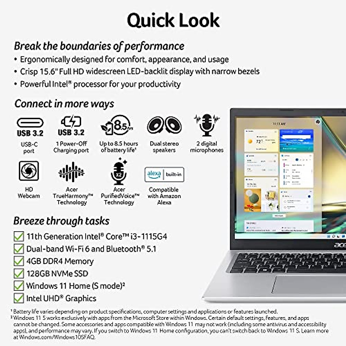 Acer Aspire 5 A515-56-36UT, 15.6" Full HD Display, 11th Gen Intel Core i3-1115G4 Processor, 4GB DDR4, 128GB NVMe SSD, WiFi 6, Windows 11 Home (S Mode)