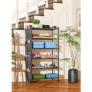 MWQ 6 Tier Shoe Rack Metal with Side Pocket, Sturdy Tall Shoe Organizer Storage Shelf for Closet, Black