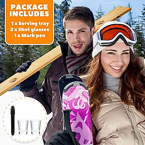 Shot Board Ski 4 Pieces Shot Glass Set with Marker Rustic Wooden Shot Glass Display Case Shot Glass Holder Cute Shot Glasses Drinking Glasses Rack for Restaurant Bar Party Family Gathering (Natural)