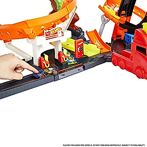 Hot Wheels Toy Car Track Set City Toxic Gorilla Slam Gas Station & Tire Repair Shop, Truck Launcher, 1:64 Scale Car
