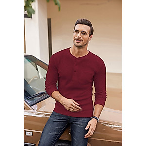 COOFANDY Men's Henley Shirts Long Sleeve Basic Waffle Pique Pullover T-Shirt with Pocket Christmas Sweater Red