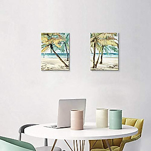 ARTISTIC PATH Beach Palm Trees Wall Art: Abstract Coastal Seascape Hand Painted Artwork Painting on Canvas Pictures for Living Room (12" W x 16" H x 2 PCS, Multi-Sized)