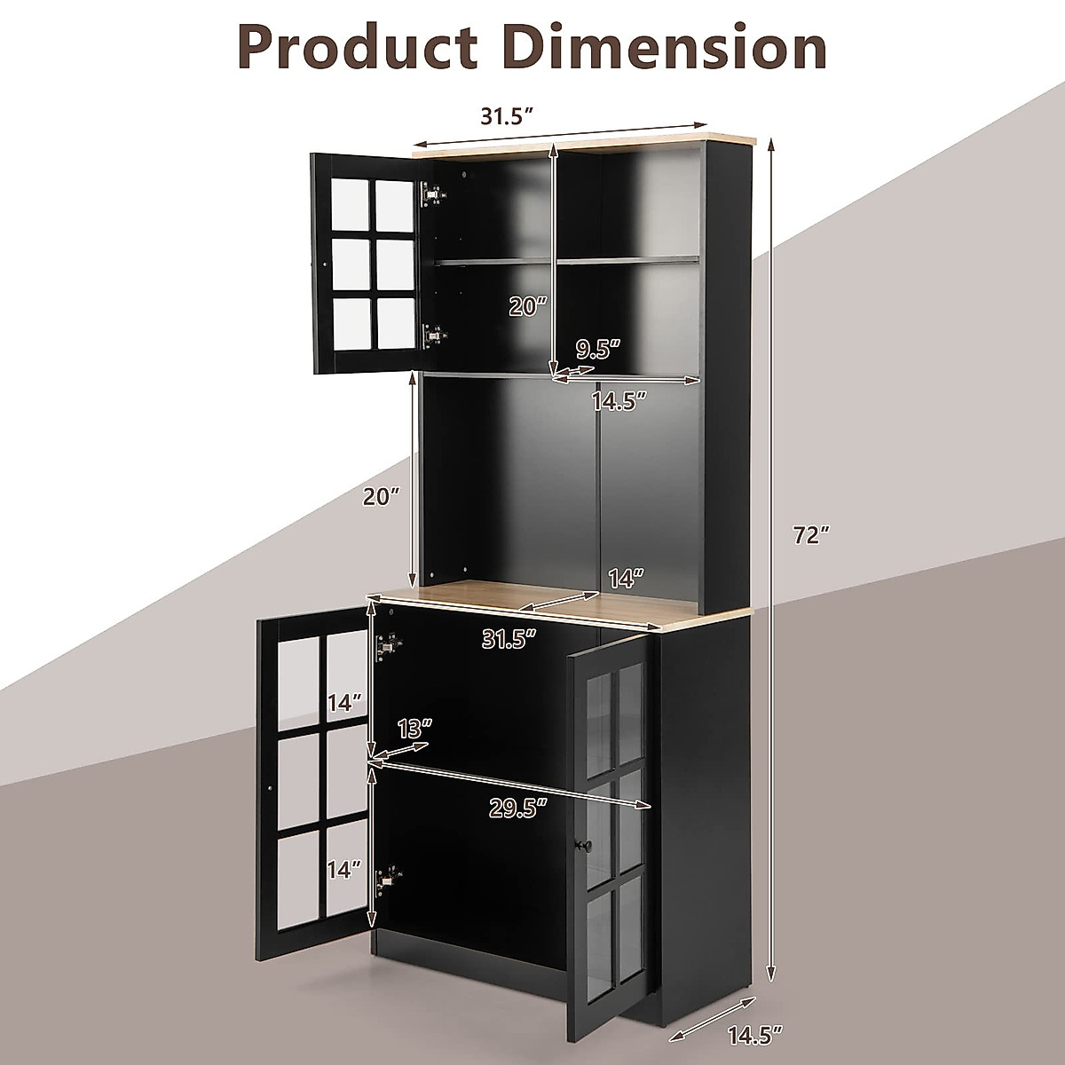 LOKO 72" Kitchen Hutch Storage Cabinet, Freestanding Pantry Buffet Cabinet with Glass Doors, Open & Closed Storage, 3-Position Adjustable Shelves, Tall Cupboard Storage Cabinet (Black)