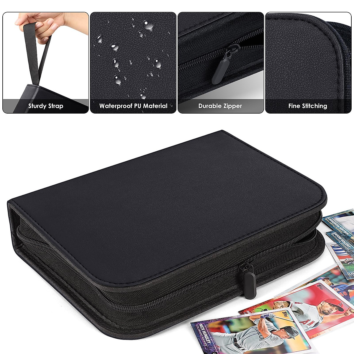 POKONBOY 400 Pockets Binder Sleeves Card Carrying Case Fit for Baseball Cards, Trading Cards, Football Cards and Sports Cards (Black)
