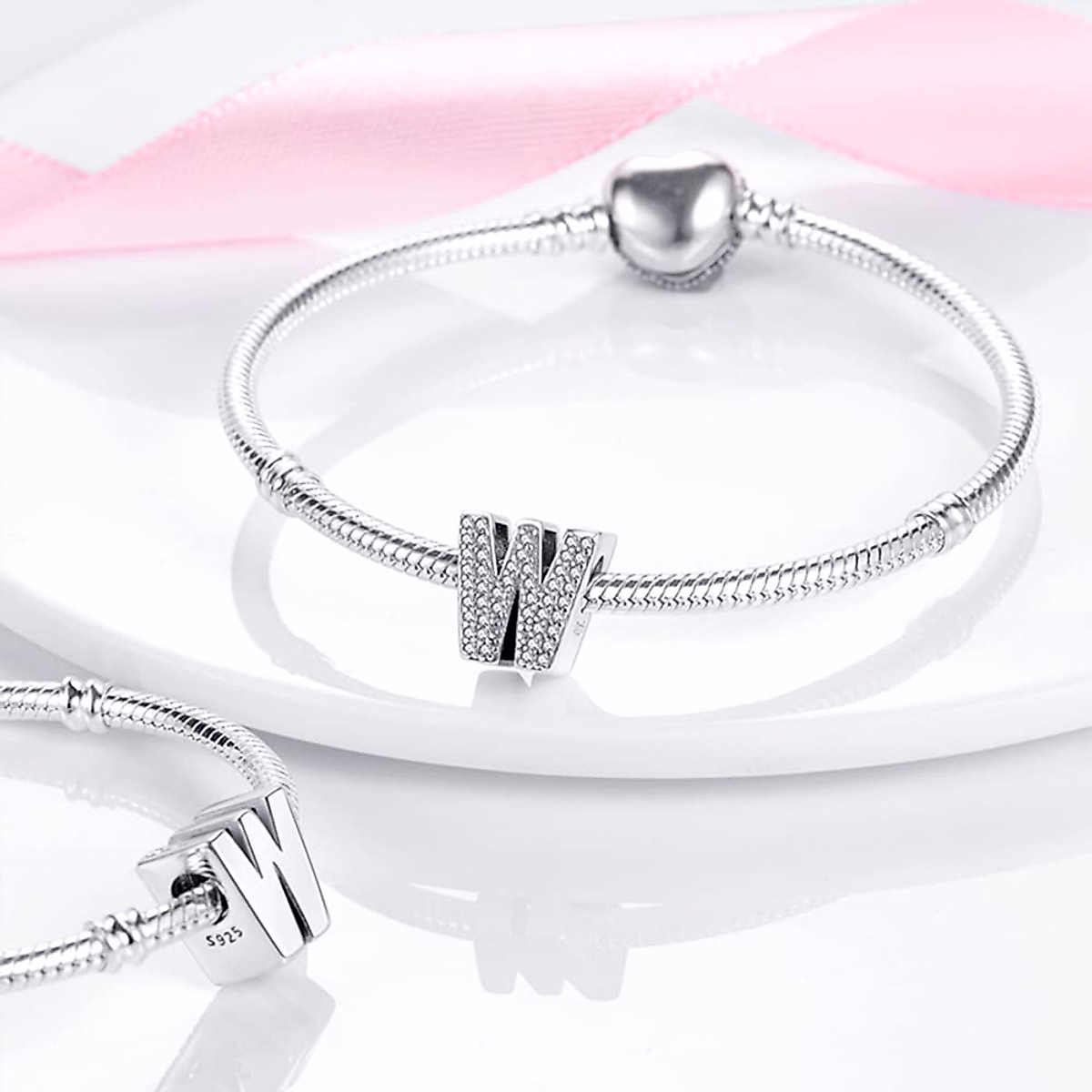 CINKOLA 925 sterling Silver Letter Charms A-Z Alphabet Beads with Cubic Stones Charm Beads Pendants Fit for Bracelets Charms DIY Jewelry birthday Gift for Women (T)