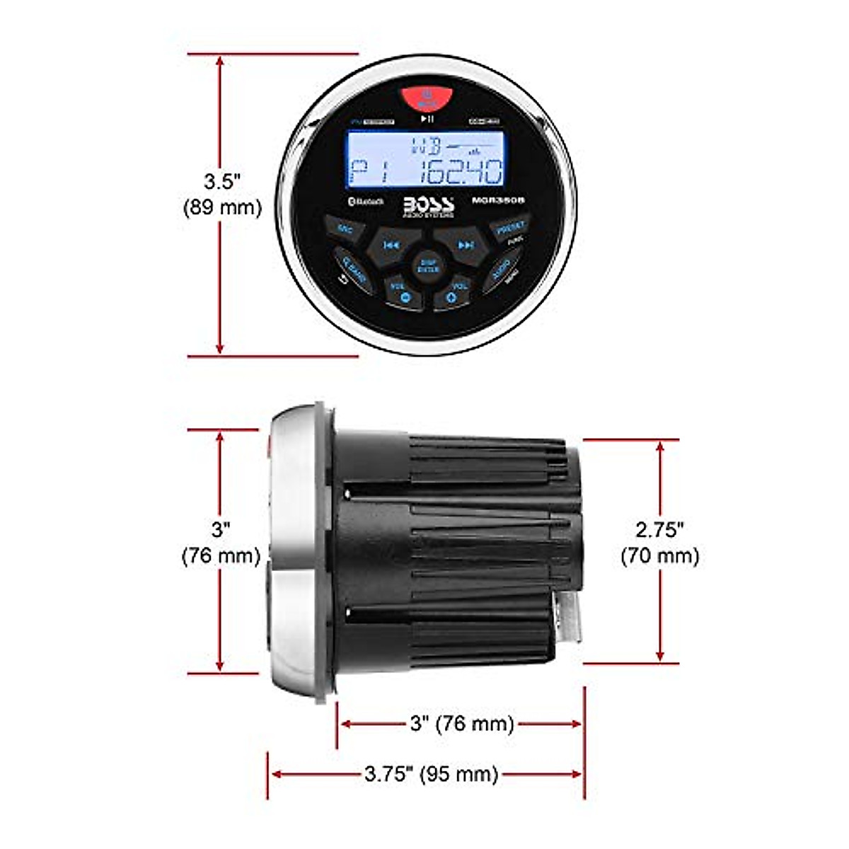 BOSS Audio Systems MGR350B Marine Gauge Receiver - Bluetooth, Digital Media MP3 Player + MR4.3W 200-Watt 3 Way Marine 4-Inch Enclosed System Speakers.