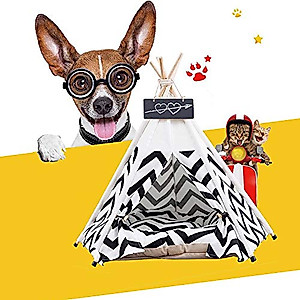 Pet Teepee Tent for Dogs Puppy Cat Bed White Canvas Dog Cute House Pet Teepee with Cushion 24inch Indoor Outdoor (White&Black)