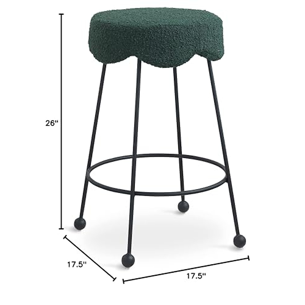 Meridian Furniture 513Green-C Fleur Collection Modern | Contemporary Boucle Fabric Upholstered Counter Stool with Matte Black Metal Legs, 17.5" W x 17.5" D x 26" H, Green