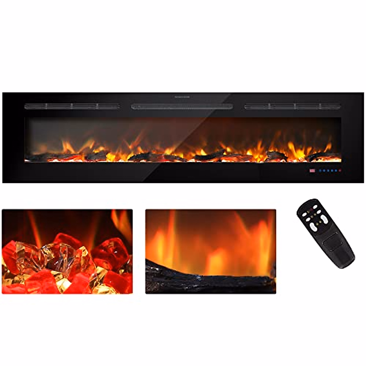 Kentsky 72 inches Electric Fireplace Inserts, Recessed and Wall Mounted Fireplace Heater, Large Screen w/Thermostat, Remote & Touch Screen, Multicolor Flame, Timer, Logs & Crystal, 750W/1500W
