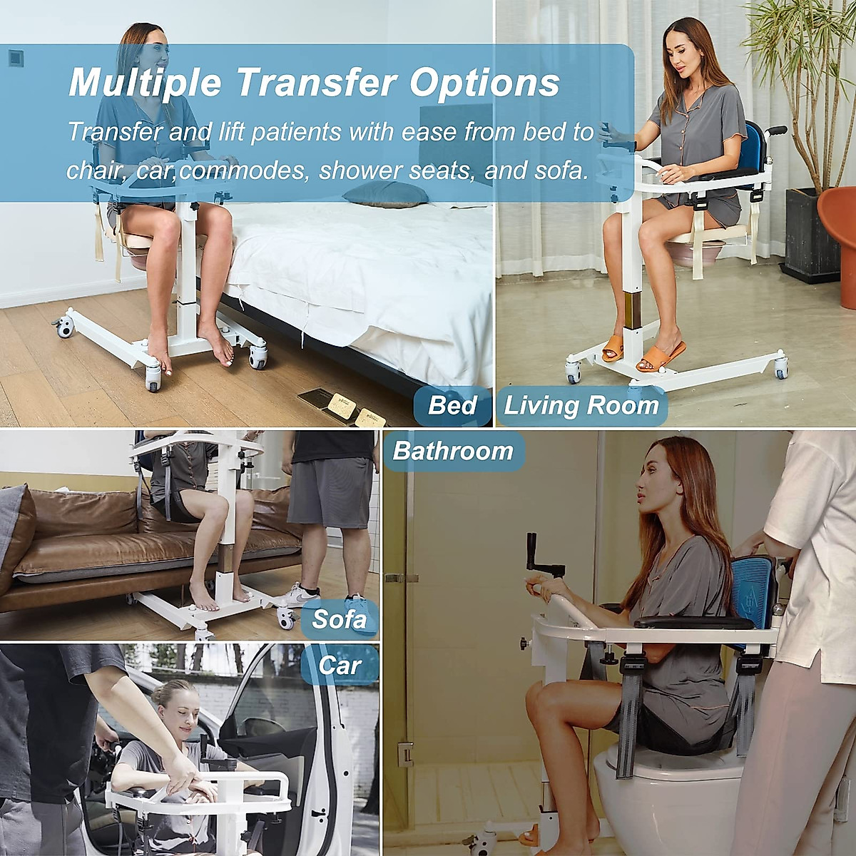PAYRFV Patient Lift Transfer Chair, Patient Lift Wheelchair for Home, Car Transfer Lift, Transport Chair with 2 Cushion, Adjustable Height Shower Wheelchair for Elderly