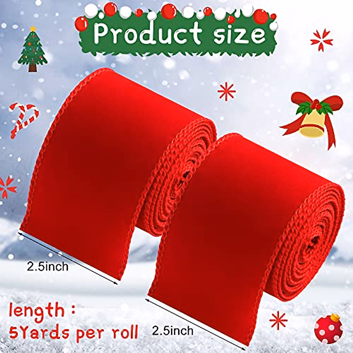 2 Rolls 2.5 Inch 10 Yards Christmas Velvet Ribbon Single Face Christmas Plain Velvet Ribbon for Gift Wrapping Crafts Christmas Wreath Tree Decor (Red)