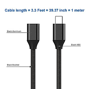 EMATETEK Braided Extender Cable Male to Female Pass Audio Video Picture Data and Power Charge. 1PCS 3.3Feet Extension Cord Connector Made of Black Aluminum & Braided.